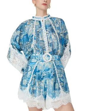 JOVONNA LONDON Long Sleeve Printed Lace Trim Blouse