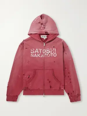 SATOSHI NAKAMOTO Luke Logo-print Distressed Paint-splattered Cotton-jersey Zip-up Hoodie - Pink
