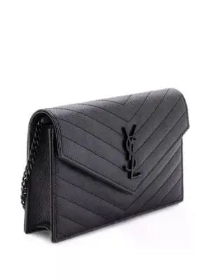 Saint Laurent Classic Monogram Wallet On Chain Matelasse Chevron Leather Small Crossbody Bag - Black