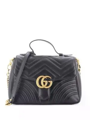 Gucci Gg Marmont Top Handle Flap Bag Matelasse Leather Small Satchel - Black
