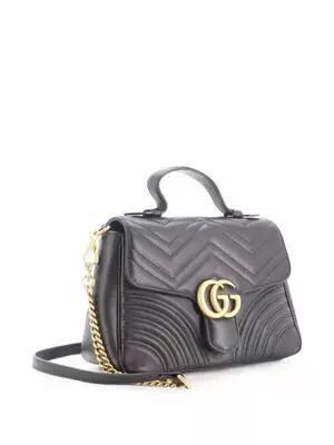 Gucci Gg Marmont Top Handle Flap Bag Matelasse Leather Small Satchel - Black