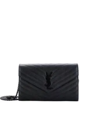 Saint Laurent Classic Monogram Wallet On Chain Matelasse Chevron Leather Medium Crossbody Bag - Black
