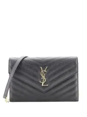 Saint Laurent Classic Monogram Wallet On Chain Matelasse Chevron Leather Small Crossbody Bag - Black