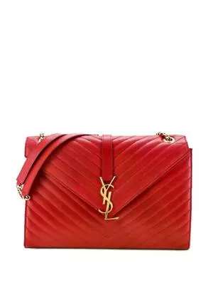 Saint Laurent Classic Monogram Envelope Satchel Matelasse Chevron Leather Large Shoulder Bag - Red