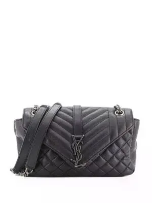Saint Laurent Classic Monogram Slouchy Envelope Satchel Mixed Matelasse Leather Medium Shoulder Bag - Black
