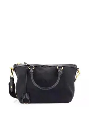 Prada Logo Convertible Zip Canvas With Leather Small Tote Bag