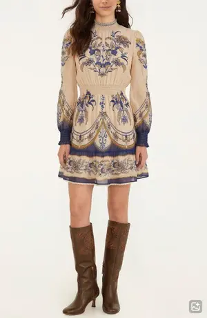 Farm Rio Liz Long Sleeve Minidress Beige