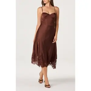 Astr The Label Abrianna Lace Trim Satin Midi Dress - Brown