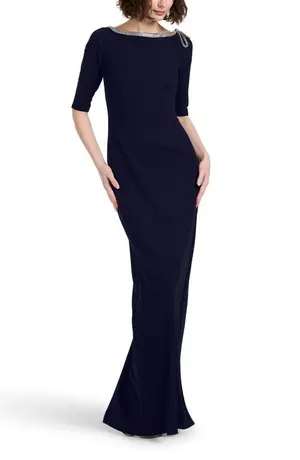 EMILY SHALANT Jeweled Neck Gown - Navy