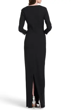 EMILY SHALANT Metallic Appliqué Stretch Crepe Gown