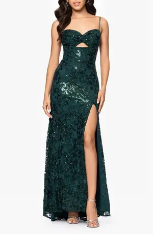 BLONDIE NITES Sequin Floral Lace Cutout Detail Gown - Hunter