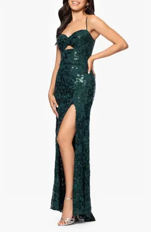 BLONDIE NITES Sequin Floral Lace Cutout Detail Gown - Hunter