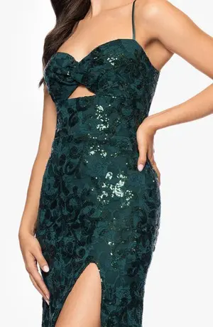 BLONDIE NITES Sequin Floral Lace Cutout Detail Gown - Hunter