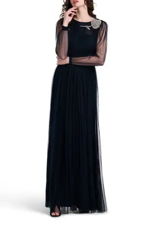 EMILY SHALANT Long Sleeve Floral Appliqué Spanish Tulle Gown