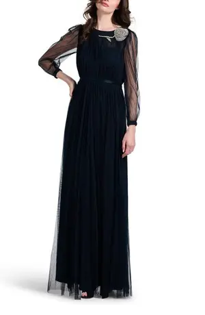 EMILY SHALANT Long Sleeve Floral Appliqué Spanish Tulle Gown