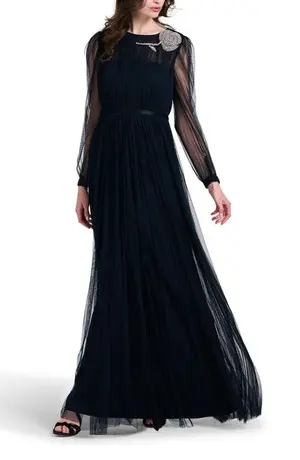 EMILY SHALANT Long Sleeve Floral Appliqué Spanish Tulle Gown