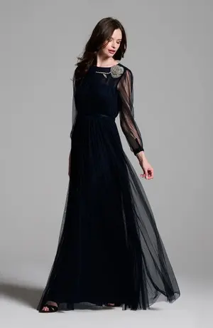 EMILY SHALANT Long Sleeve Floral Appliqué Spanish Tulle Gown