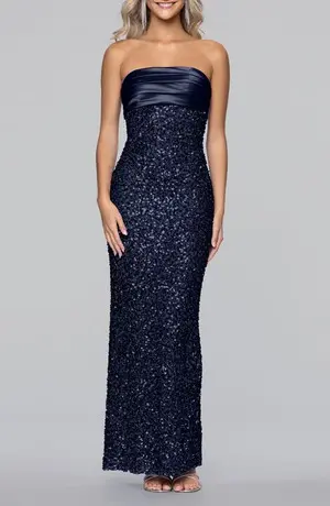 BLONDIE NITES Sequin & Satin Strapless Gown - Navy