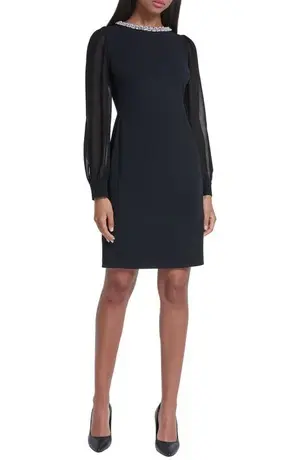 Karl Lagerfeld Paris Jewel Neck Long Sleeve Scuba Crepe Sheath Dress - Black
