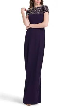 EMILY SHALANT Crystal Embellished Illusion Neck Stretch Crepe Gown - Amethyst