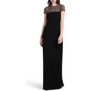 EMILY SHALANT Crystal Embellished Illusion Neck Stretch Crepe Gown - Black