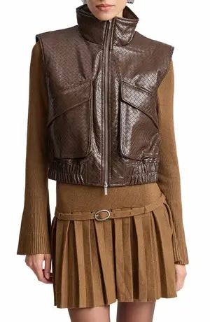 Avec Les Filles Basket Weave Faux Leather Cropped Puffer Vest - Java