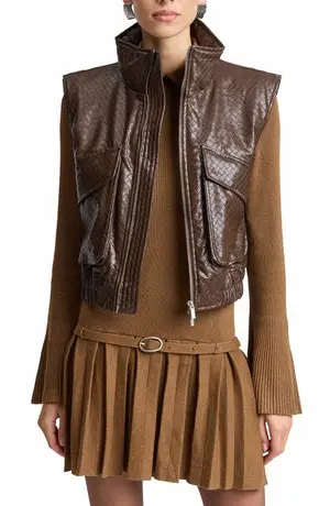 Avec Les Filles Basket Weave Faux Leather Cropped Puffer Vest