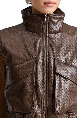 Avec Les Filles Basket Weave Faux Leather Cropped Puffer Vest