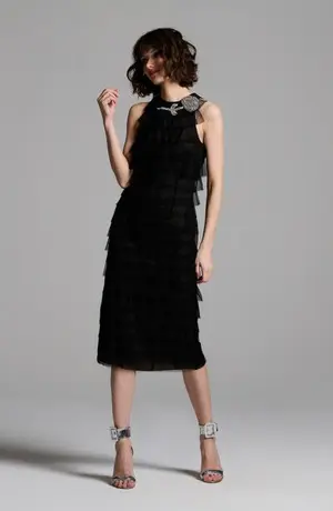 EMILY SHALANT Spanish Tiered Tulle Cocktail Midi Dress