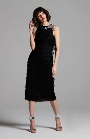 EMILY SHALANT Spanish Tiered Tulle Cocktail Midi Dress