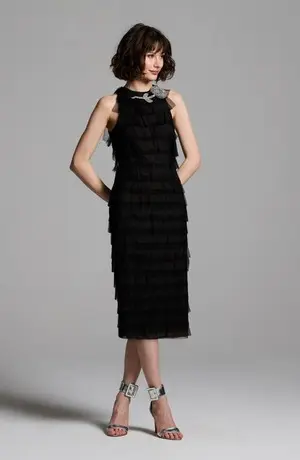 EMILY SHALANT Spanish Tiered Tulle Cocktail Midi Dress