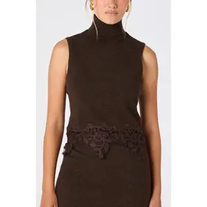 Astr The Label Nadine Lace Trim Sleeveless Turtleneck Sweater Brown