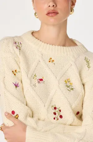 Astr The Label Rose Embroidered Diamond Cable Sweater