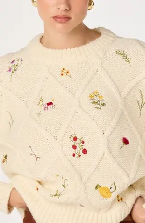 Astr The Label Rose Embroidered Diamond Cable Sweater