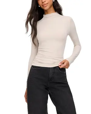 Spanx Smooth Jersey Mock Neck Long Sleeve Ruched Top - Bone