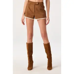 Astr The Label Kya Lace Trim Faux Suede Shorts - Chestnut