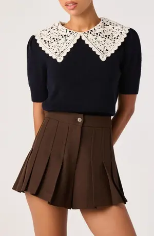 Astr The Label Carianne Lace Collar Short Sleeve Sweater - Navy