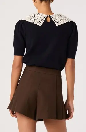 Astr The Label Carianne Lace Collar Short Sleeve Sweater - Navy