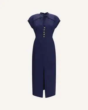 Alessandra Rich Silk Midi Dress With Buttons And Contrast Piping