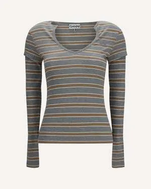 GANNI Ribbed V-neck Long-sleeve T-shirt Feale