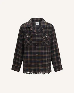 FOUND Raw-cut Fringe Plaid Shirt - Blue