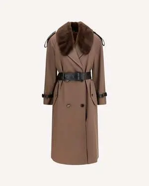 Burberry Long Cotton Trench Coat With Buffalo Leather Collar - Brown