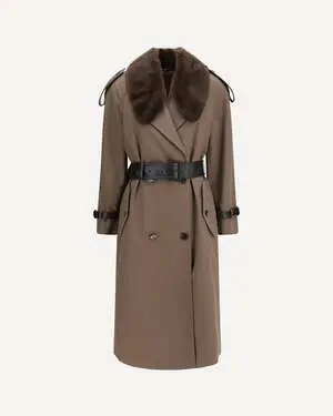 Burberry Long Cotton Trench Coat With Buffalo Leather Collar