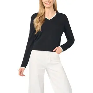 CECE DUPRAZ Scalloped Trim V-neck Sweater - Rich Black