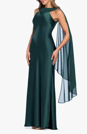 XSCAPE EVENINGS Scarf Sleeveless Satin Gown