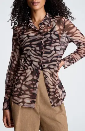KENNETH COLE Print Long Sleeve Mesh Shirt - Peanut Multi