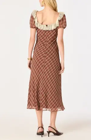 Astr The Label Edwardine Lace Trim Plaid Midi Dress