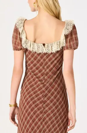 Astr The Label Edwardine Lace Trim Plaid Midi Dress