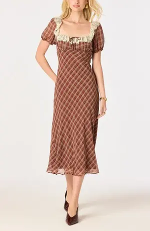 Astr The Label Edwardine Lace Trim Plaid Midi Dress