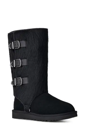UGG Classic Tall Western Boot With Genuine Calf Hair Trim Black